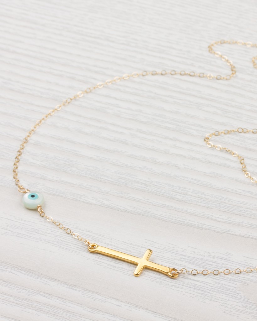 Cross Evil Eye Necklace • Sideways Cross Necklace